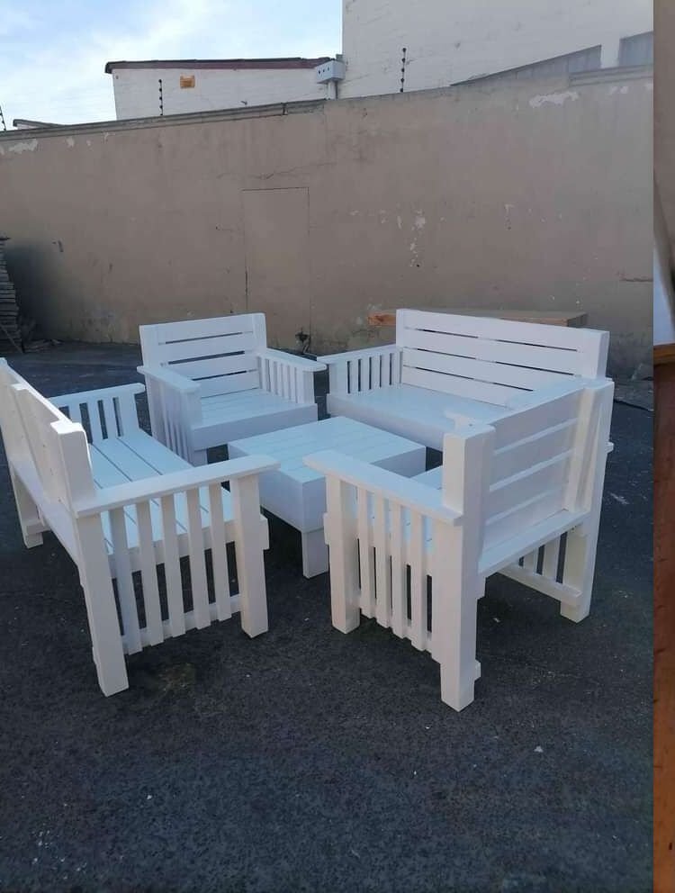 White Wooden L-Shaped Patio Lounge Set – 2 Benches (1.2m & 0.6m) with ...